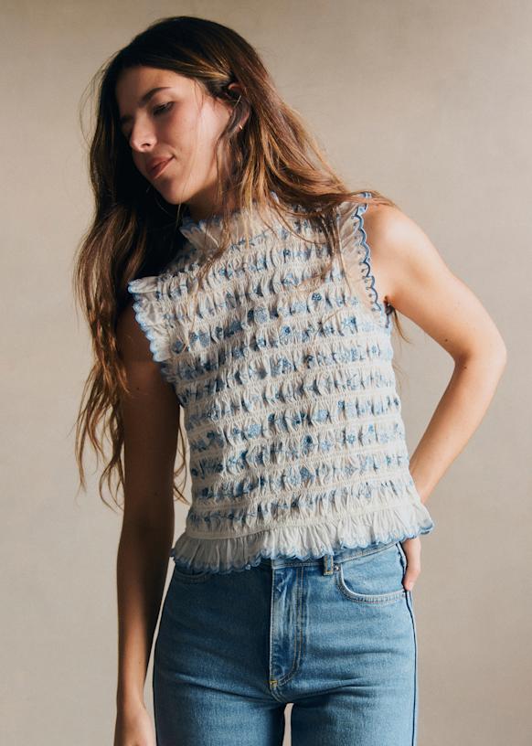 Blusa Samona - Bordado Contrastante Azul Fondo Crudo - Algodón orgánico ...