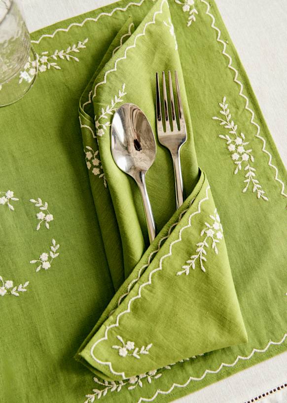 Sets de table - Brodés Primavera - Vert Olive et Ecru - Textile coton ...