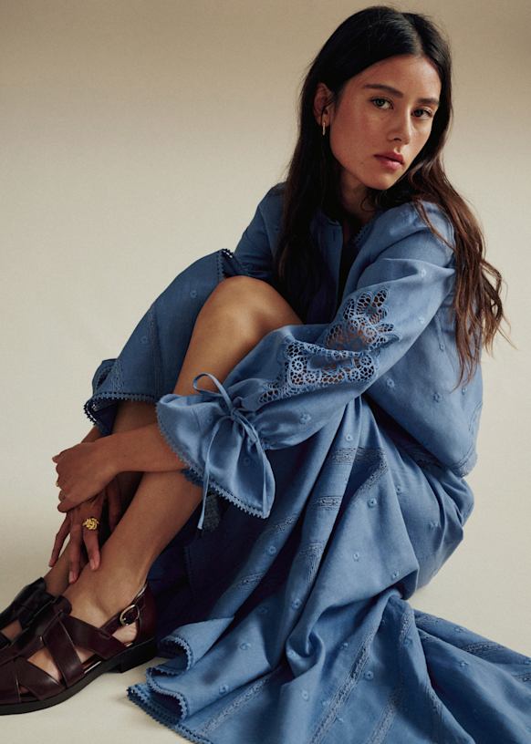 Jolane Skirt - Blue Carnation Solid Embroidery - Linen - Sézane