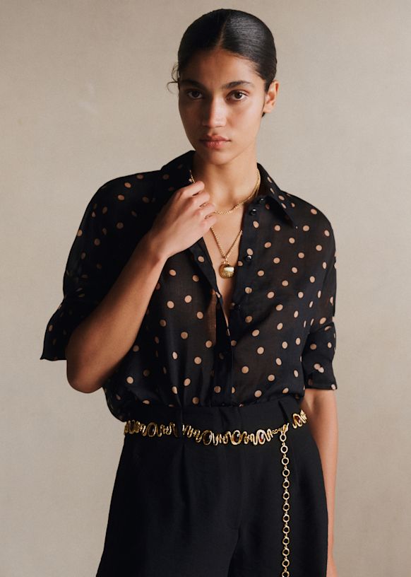 Marilis Shirt - Beige Polka Dots Black Background Print - Ramy - Sézane