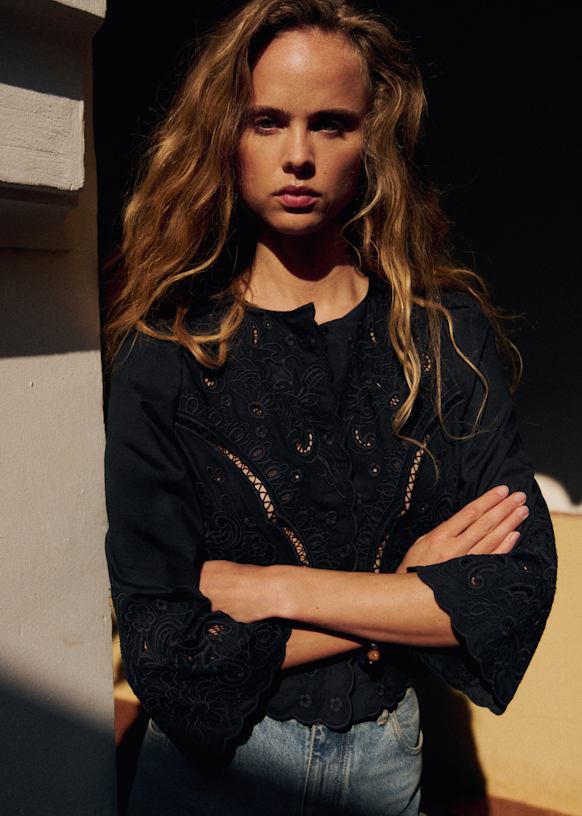 Alycia Shirt - Black Placed Embroidery - Organic Cotton - Sézane