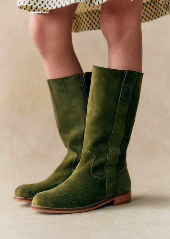 Carmen Boots - Petit Sézane x MDLO - Olive Green - Split cowhide ...