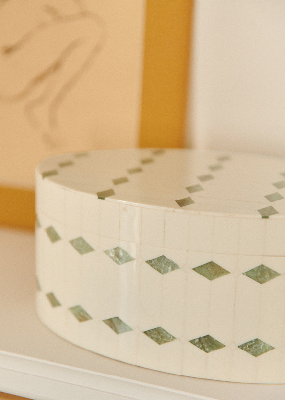 Oval Box - Ecru and Green Diamond Pattern - Wood - Octobre Éditions