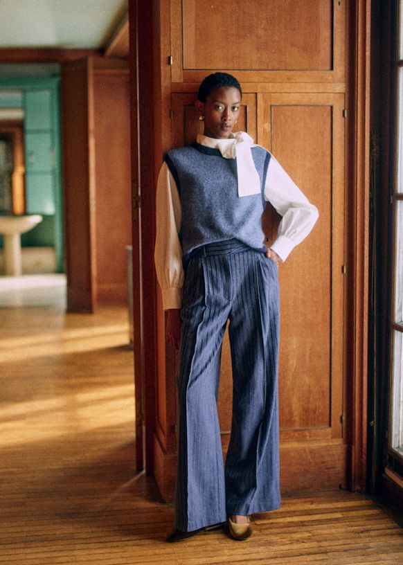 Rocio パンツ - Sézane x MDLO - ダークヴィンテージブルーのテニスストライプ - コットン - Sézane