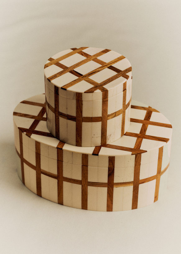 Oval Box - Ecru and Acacia Grid Pattern - Wood - Sézane