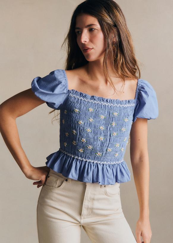 Charlyne Blouse - Blue With Ecru Floral Embroidery - Organic Cotton ...