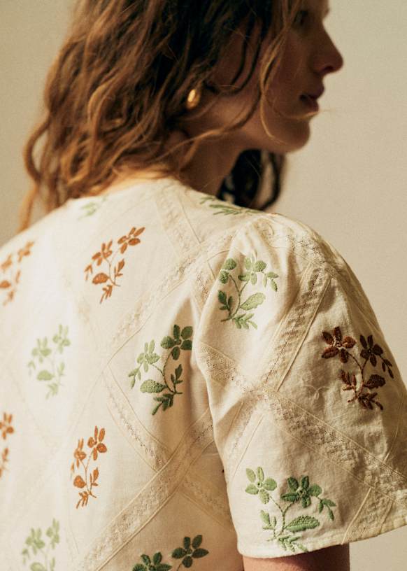 Amade Shirt - Ecru with Florals and Diamond Embroidery - Organic Cotton ...