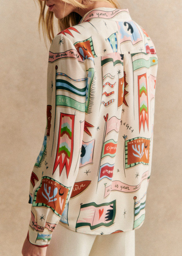 Ann Shirt - Sézane x Pangea - Ecru/ Flag Print - Silk - Octobre Éditions