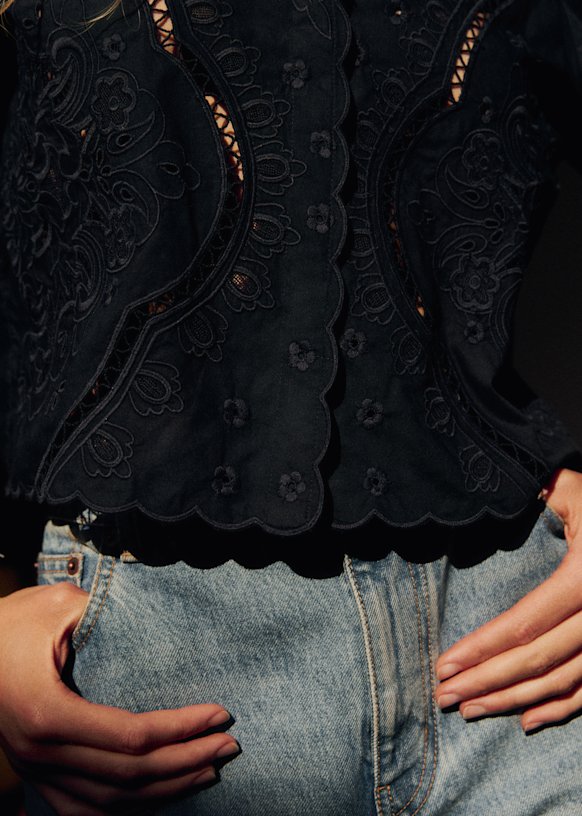 Alycia Shirt - Black Placed Embroidery - Organic Cotton - Octobre Éditions
