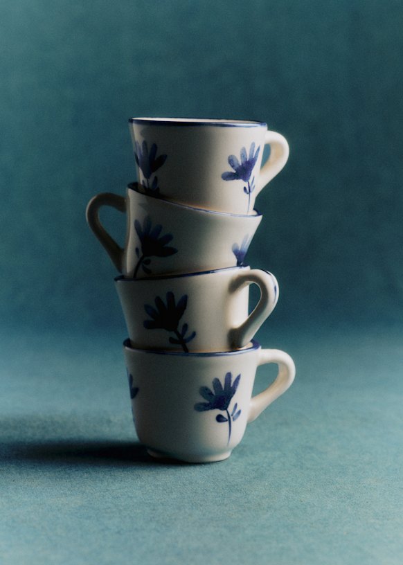 Set of 4 espresso cups - Little Flower - Storm Blue - Ceramic - Sézane
