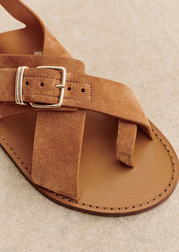 Judith Low Sandals - Coffee - Split cowhide leather - Octobre Éditions