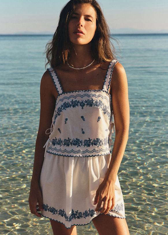 Noam Skirt - Ecru with Contrasting Blue Embroidery - Organic Cotton ...