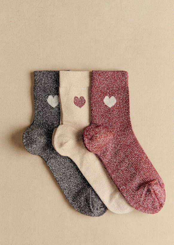 Lurex Hearts Sock Trio in Gift Box - Burgundy Silver Grey - Cotton - Sézane