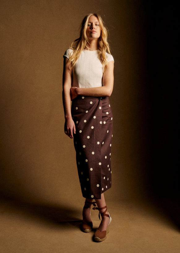 Pierra Skirt - Ecru Polka Dots on Chocolate Print - Linen - Octobre ...