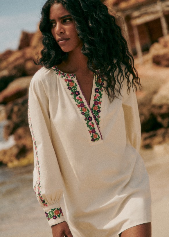 Savira dress - Multicoloured embroidery on ecru background - Organic ...