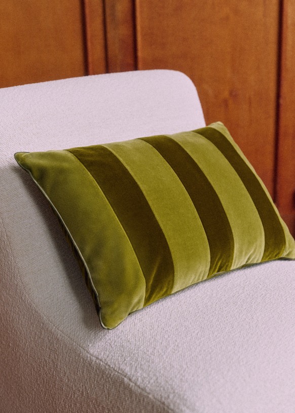 Velvet Stripes Cushion - Large model - Green and Khaki - Octobre Éditions