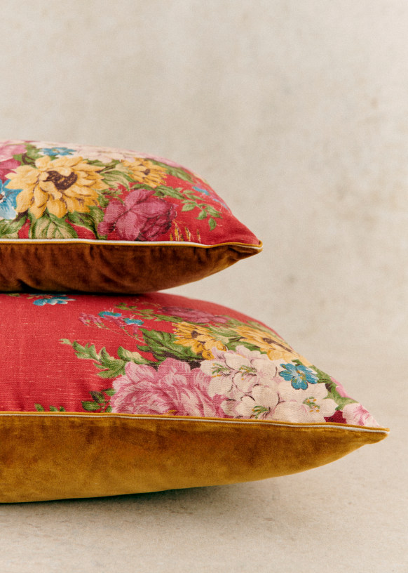 Coussin vintage - très grand modèle - Jacquard fleurs / Velours caramel ...