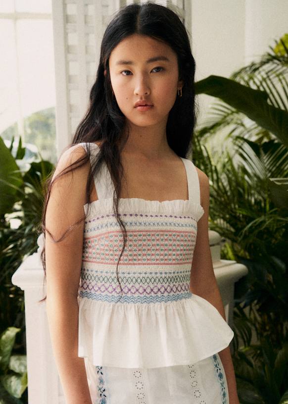 Luziana Top - Sézane x Andion - Ecru with Multicolored Embroidery - Organic Cotton - Sézane