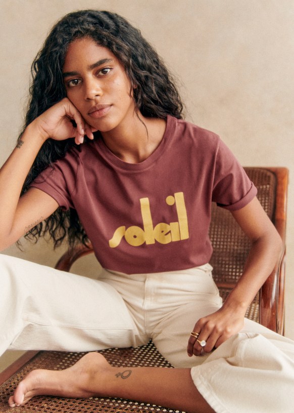 Soleil T-Shirt - Sézane x Maddy - Maroon / Yellow - Organic cotton ...