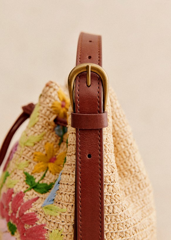 Mini farrow Raphia Bucket - Raphia broderie fleurs multi - Raffia ...