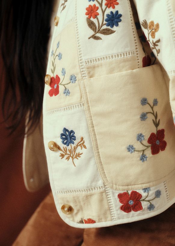 Farelli Jacket - Sézane x Baziszt - Ecru with Botanical Embroidery ...
