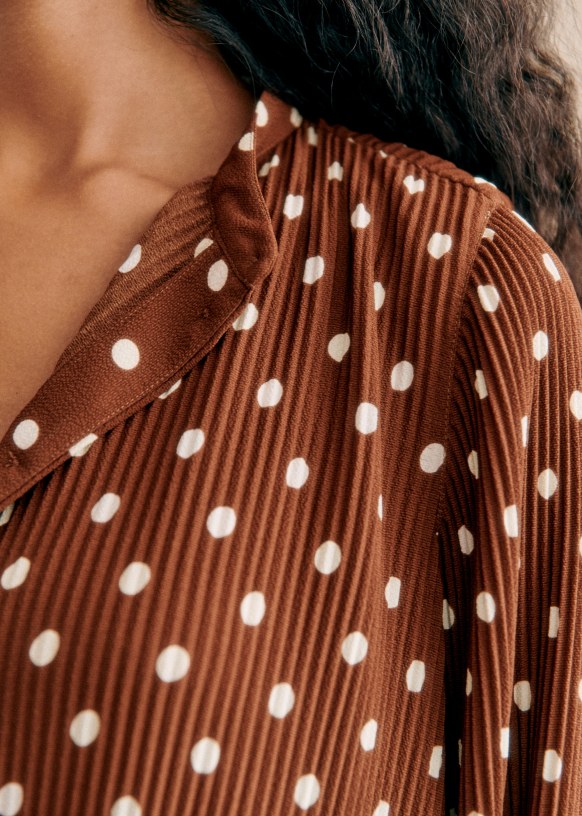 Nikki Shirt - Pink Creation - Brown / Ecru Polka Dots - Polyester - Sézane