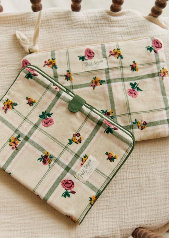 Health book cover - Beige Checkered Flowers - Cotton - Sézane