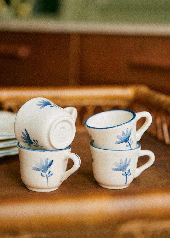 Set of 4 espresso cups - Little Flower - Storm Blue - Ceramic - Sézane