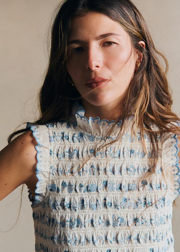 Blusa Samona - Bordado Contrastante Azul Fondo Crudo - Algodón orgánico ...