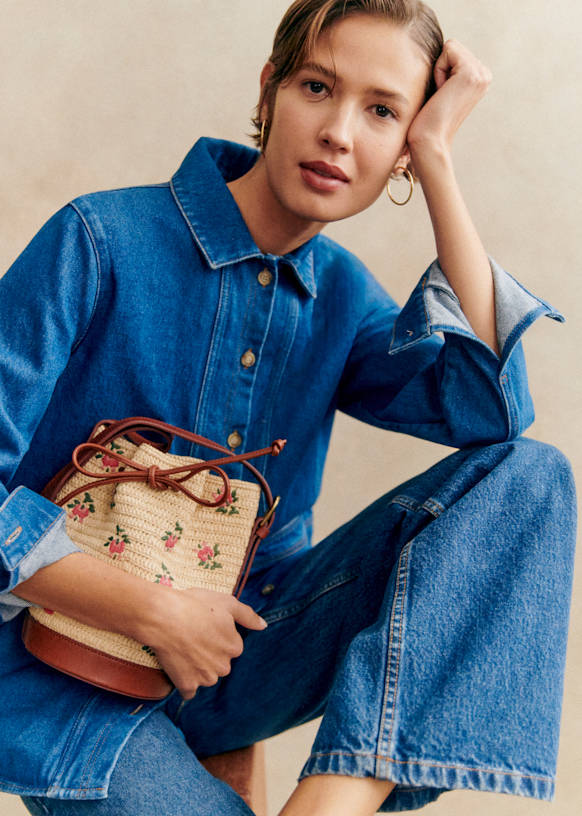 Bolso Mini Farrow Rafia - Bordados Flores Pequeñas Rosas - Rafia - Sézane