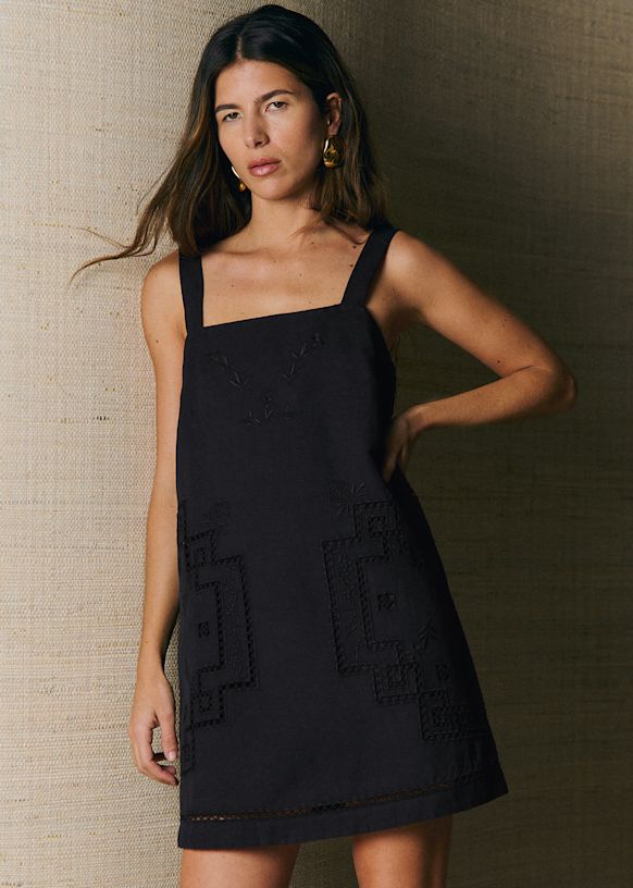 Victoire Dress - Black Placed Embroidery - Linen - Sézane