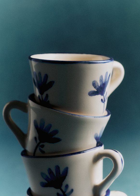 Set of 4 espresso cups - Little Flower - Storm Blue - Ceramic - Sézane