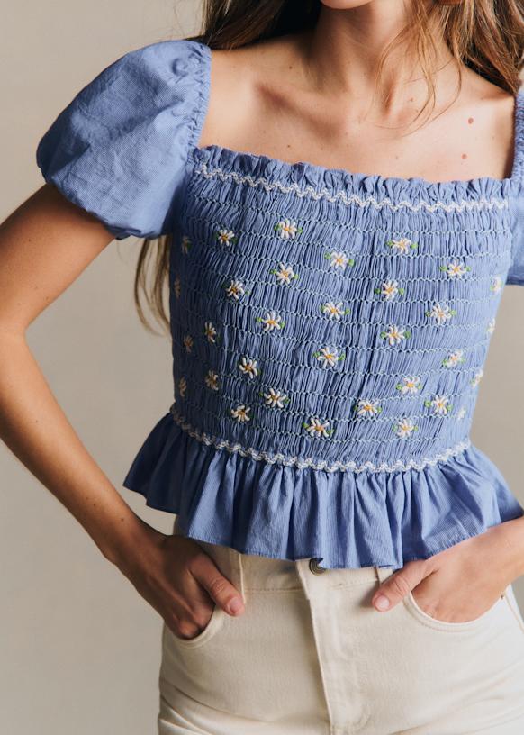 Charlyne Blouse - Blue With Ecru Floral Embroidery - Organic Cotton ...