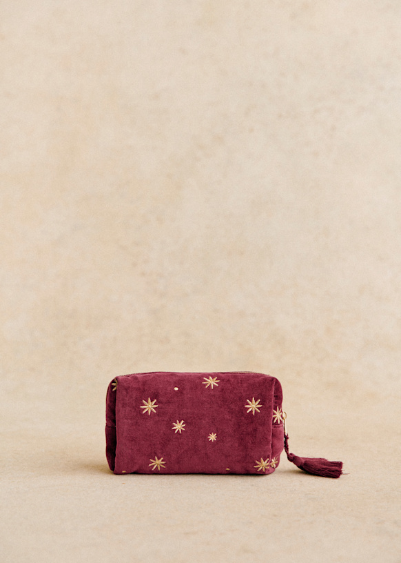 Beauty pouch - Burgundy daisy embroidery - Sézane