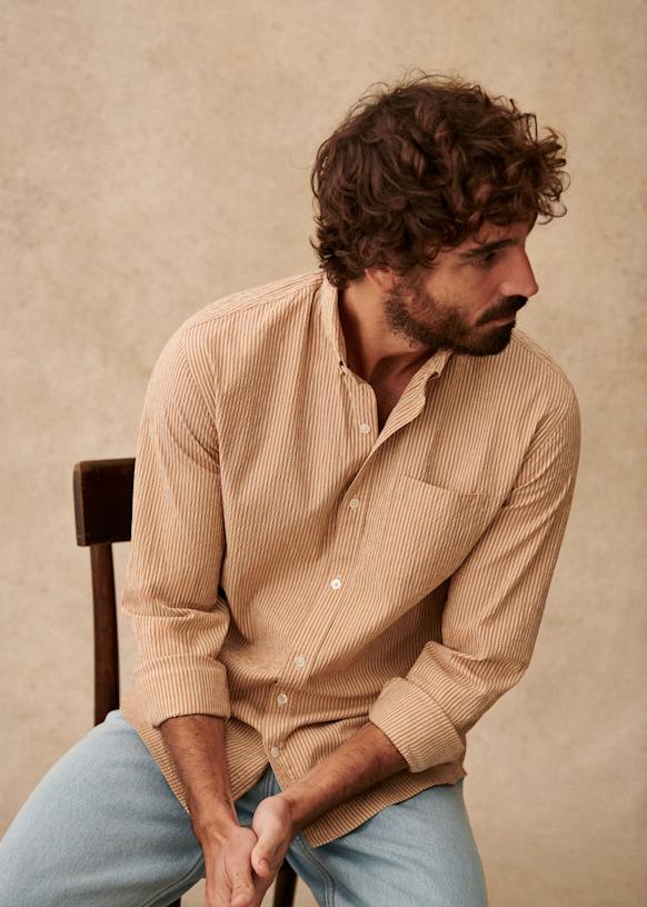 Charlie Seersucker Shirt - Ecru / Ochre - Cotton - Sézane