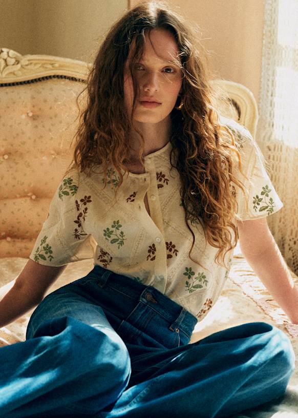 Amade Shirt - Ecru with Florals and Diamond Embroidery - Organic Cotton ...