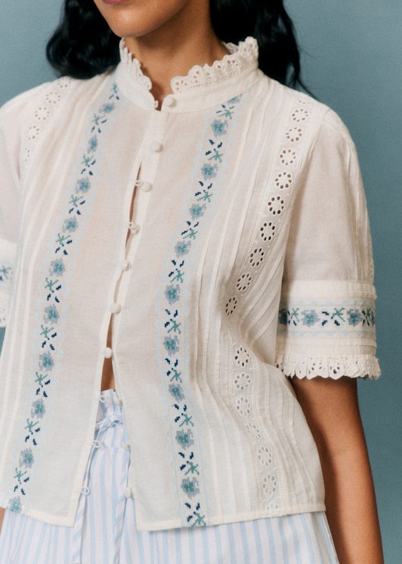 Hemd Kirane - Sézane x Andion - Bordüre Mini-Blumen blau - Biologische ...