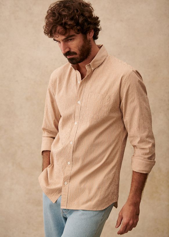 Charlie Seersucker Shirt - Ecru / Ochre - Cotton - Sézane