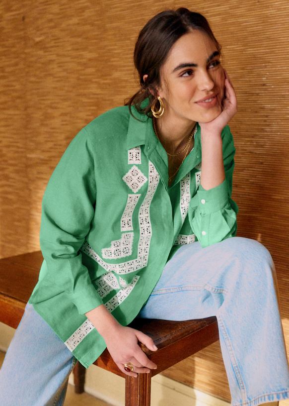 Chemise Marzia - Sézane x Lucia Vergara - Lirio Ecru Fond Vert - Lin ...