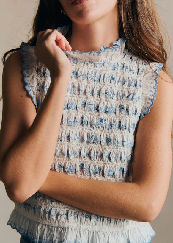 Blusa Samona - Bordado Contrastante Azul Fondo Crudo - Algodón orgánico ...