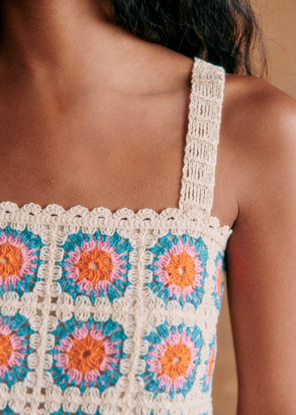 Salsa Top - Blue and pink with ecru crochet - Recycled polyester ...