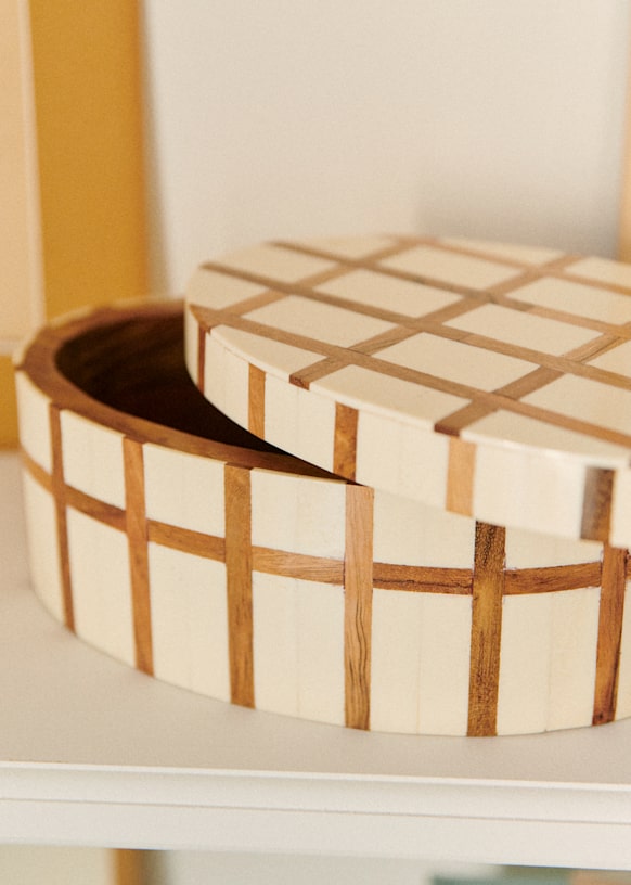 Oval Box - Ecru and Green Diamond Pattern - Wood - Octobre Éditions