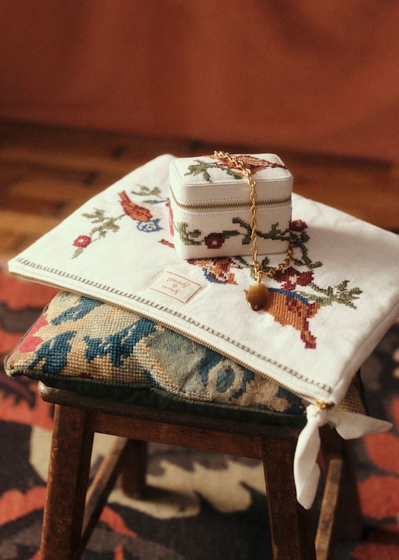 Medium Jewelry Box - Sézane x Baziszt - Bird Embroidery - Cotton - Sézane