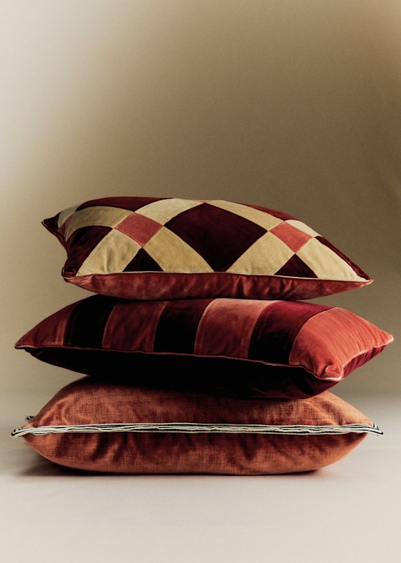 Velvet Patchwork cushion - Small model - Sienna and Beige - Organic ...