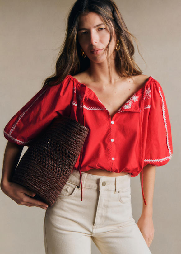 Camelia Shirt - Ecru Red Background - Organic Cotton - Sézane
