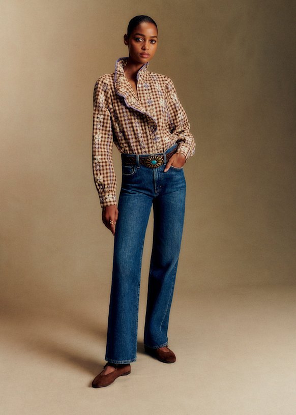 Coline Shirt - Lila Brown Gingham Embroidery - Organic Cotton - Sézane