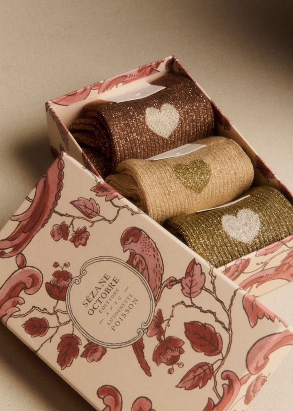 Lurex Hearts Sock Trio in Gift Box - Burgundy Silver Grey - Cotton - Sézane