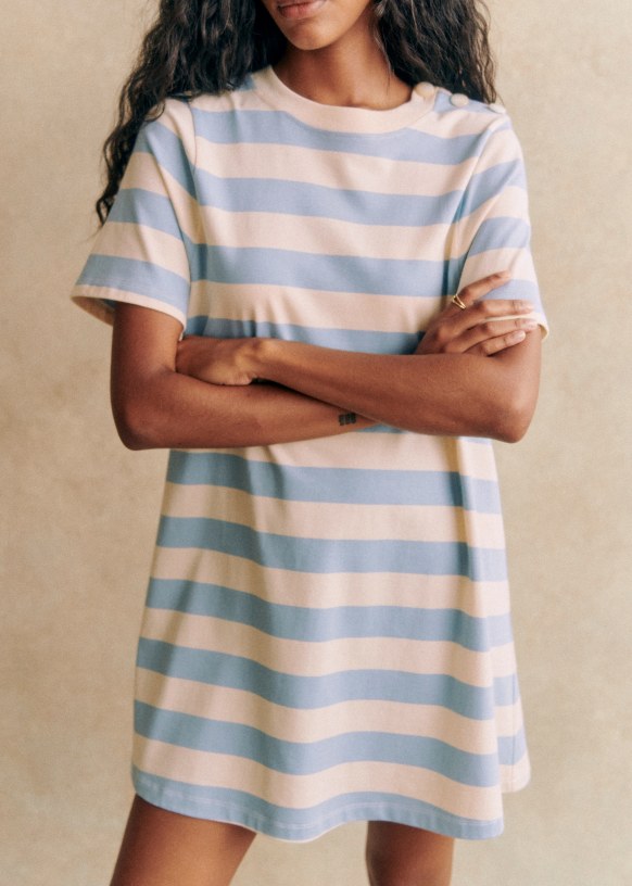 Selena Dress - Cream / Light Blue Parasol Stripes - Organic cotton ...