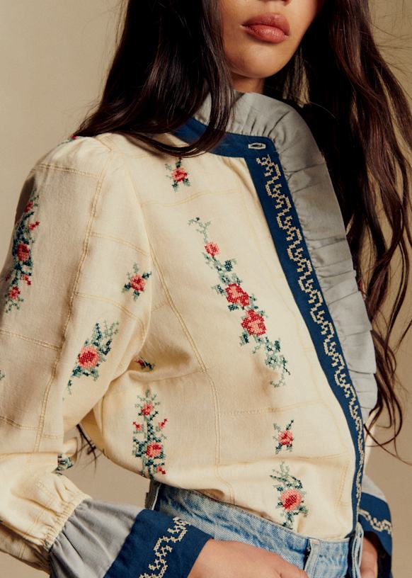 Colinette Blouse - Sézane x Baziszt - Ecru with Floral Embroidery ...