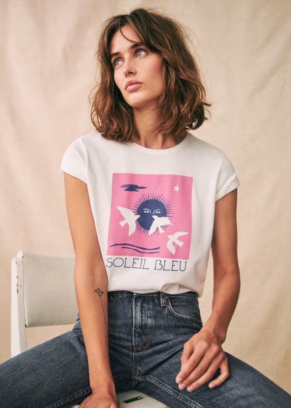 Soleil Bleu T-shirt - DEMAIN - Ecru / multicoloured - Cotton - Sézane